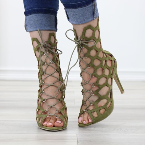 MM | Shoes | Laceup Strappy Olive Gladiator Suede Open Toe Needle High ...